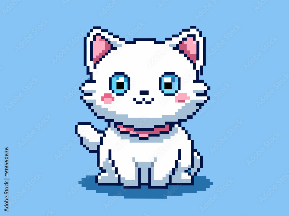 Cat pixel art. Kitten cute white kitty pet, 8 bit pixel style. Video ...