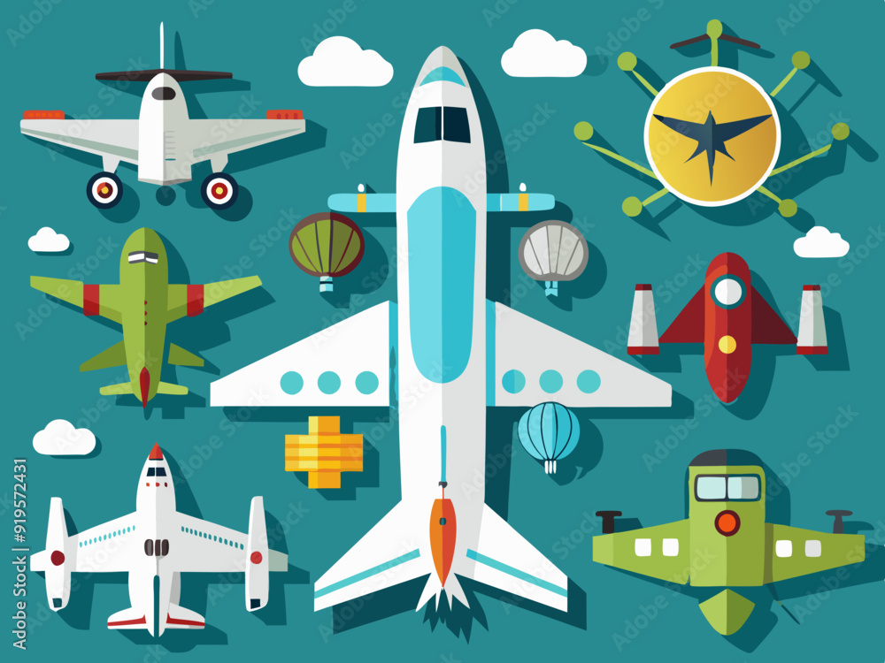 Airplane icons. Aircraft silhouettes flying jet, motor plane and drone ...