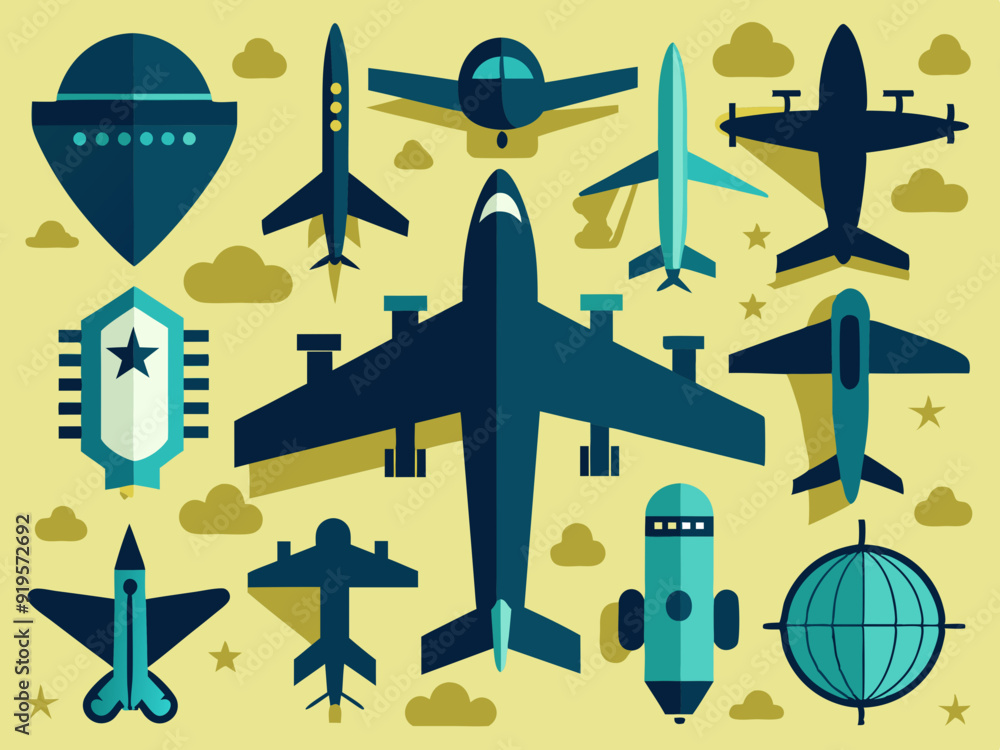 Airplane icons. Aircraft silhouettes flying jet, motor plane and drone ...