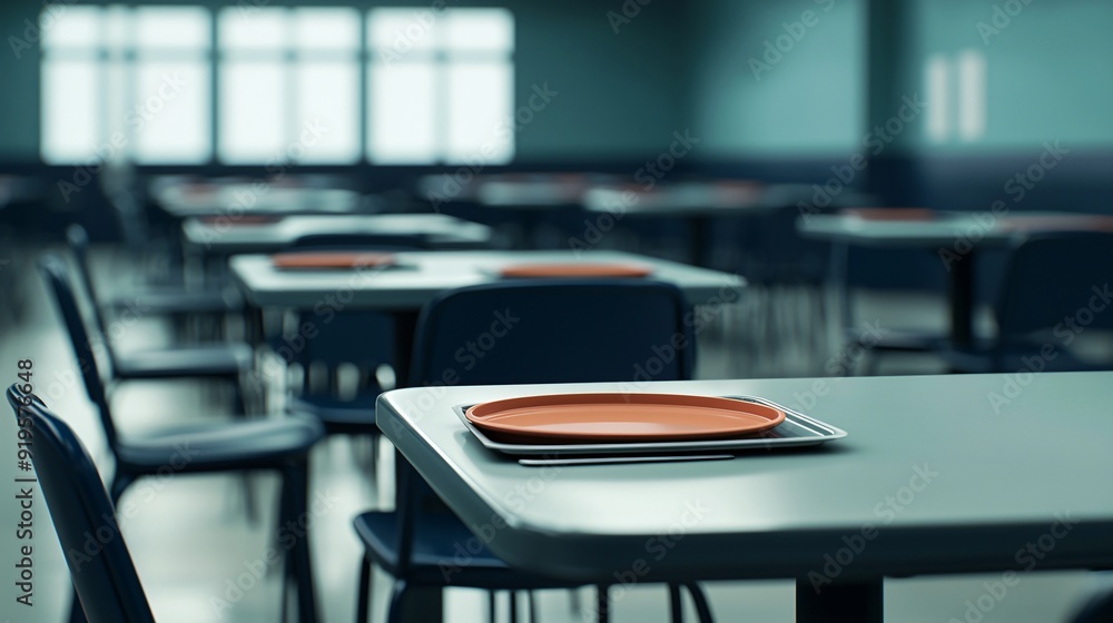 Empty anime style cafeteria with trays left on tables and chairs ...