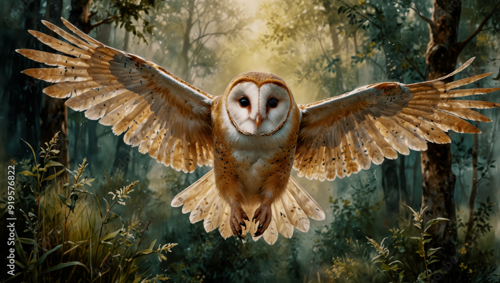 Gray barn owl flying in the sky with forest background and golden ...