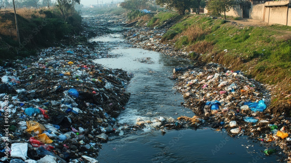 Polluted river filled with piles of rubbish, obstructing the natural ...