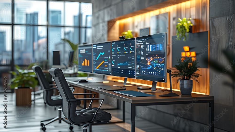 A modern high-tech office with a setup of multiple monitors, smart ...
