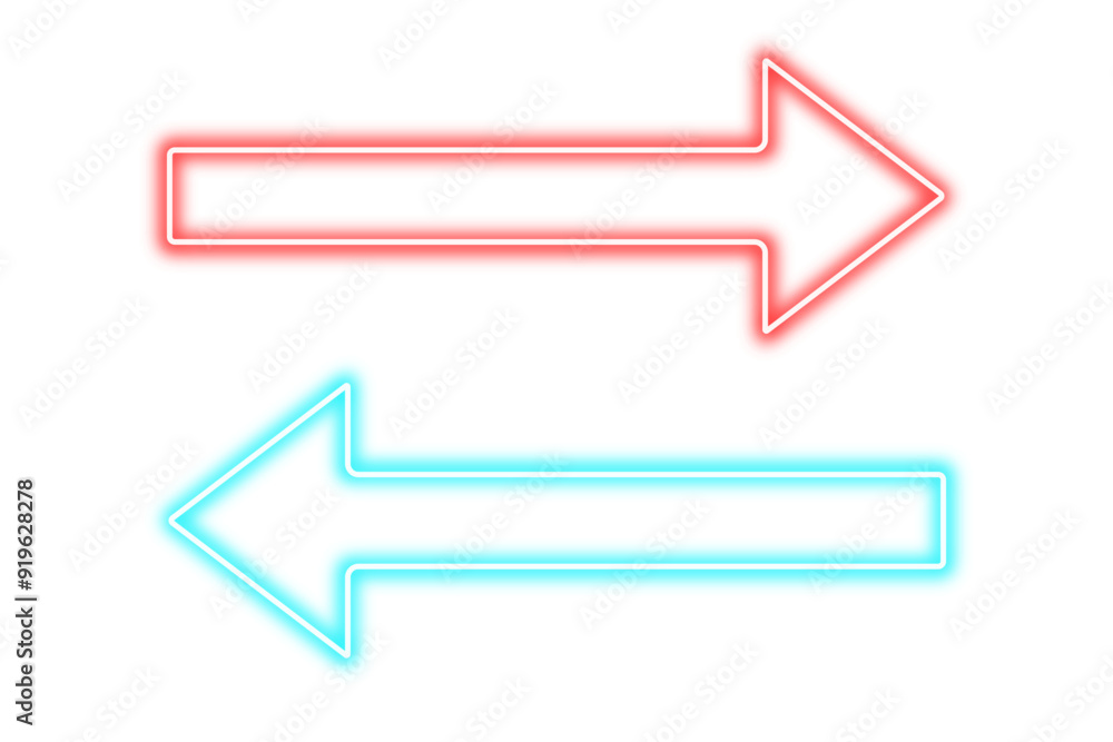 Neon arrow sign isolated on transparent background. Blue and red neon ...