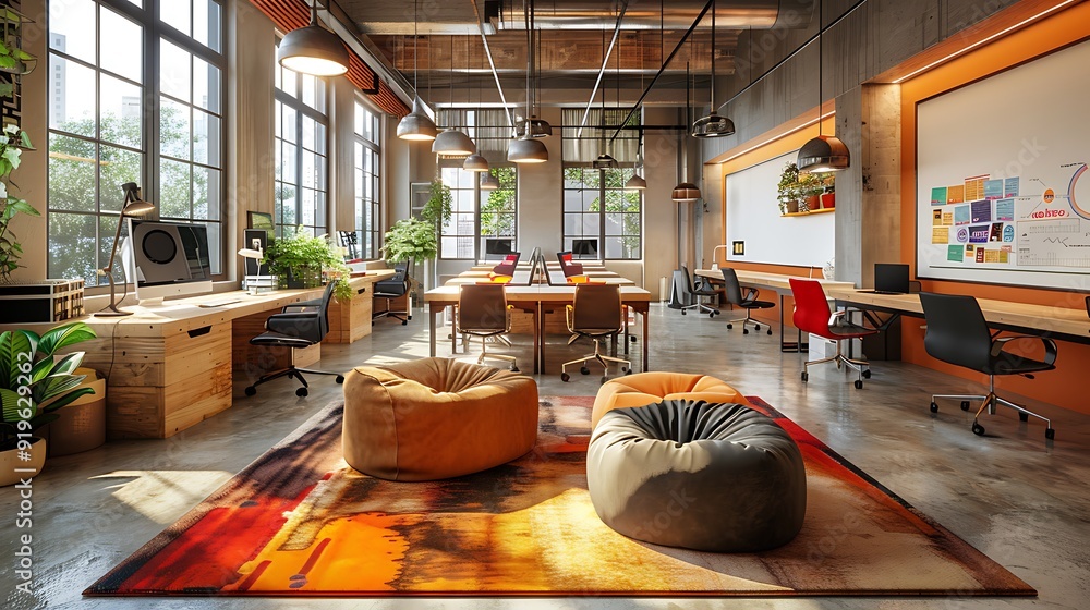 A tech company office featuring open workspaces with sleek desks and ...