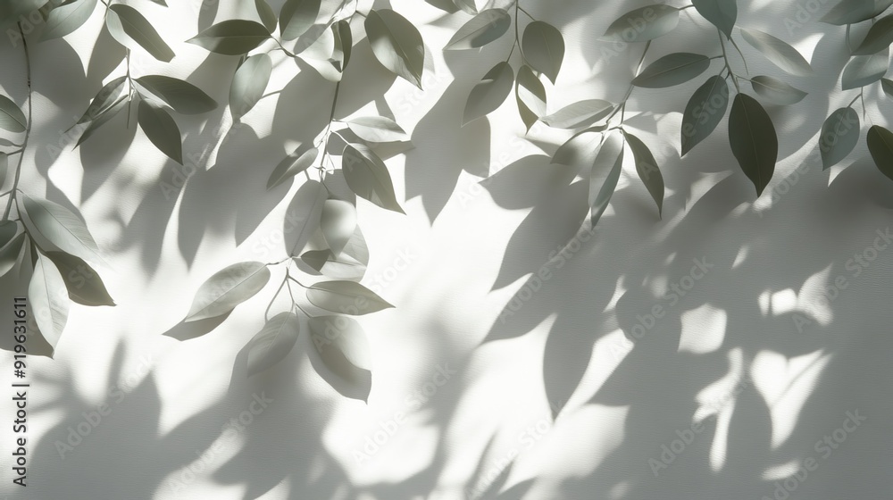 Shadow and light from tropical leaves cast on a white wall. Sunlight ...