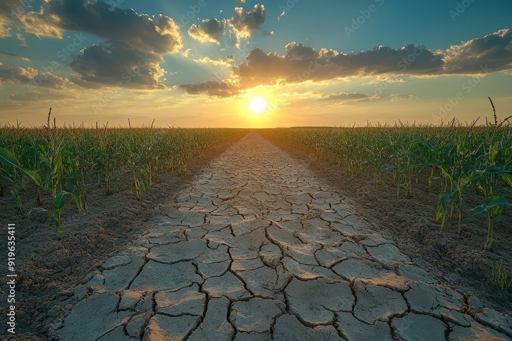 withered cornfield under scorching sun cracked earth and browning stalks stretching to horizon ...