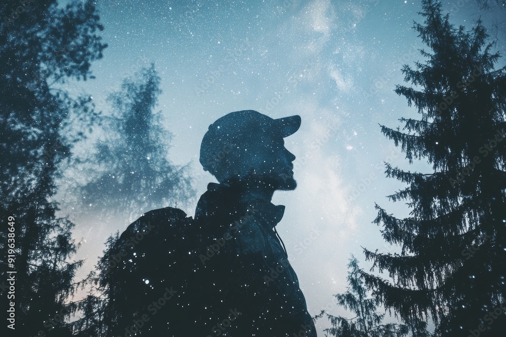 Double exposure photography of a hiker with a starry night sky. High ...