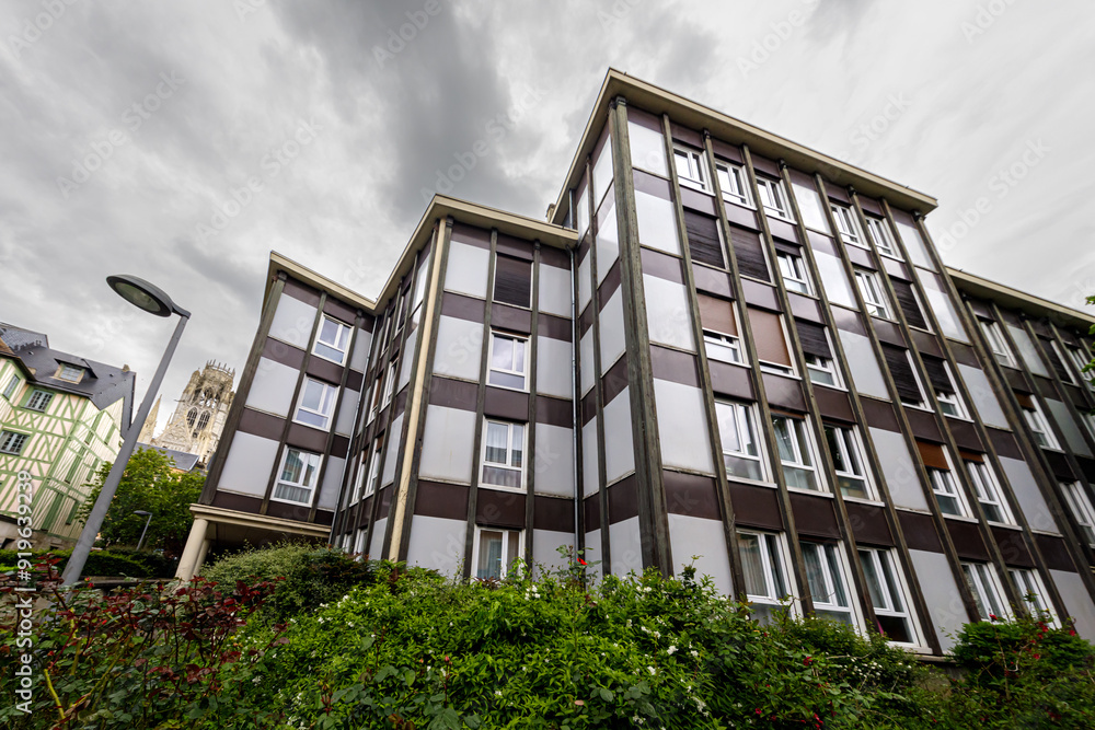 Facade of residential building, made in the 70s with modular panels ...