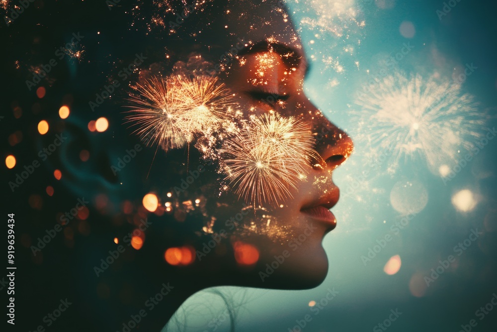 Double exposure photography of a person's face with fireworks in the ...