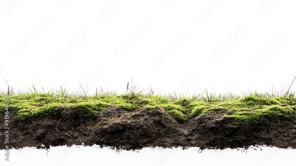 Cross-section of soil showing layers of earth with grass on top against ...