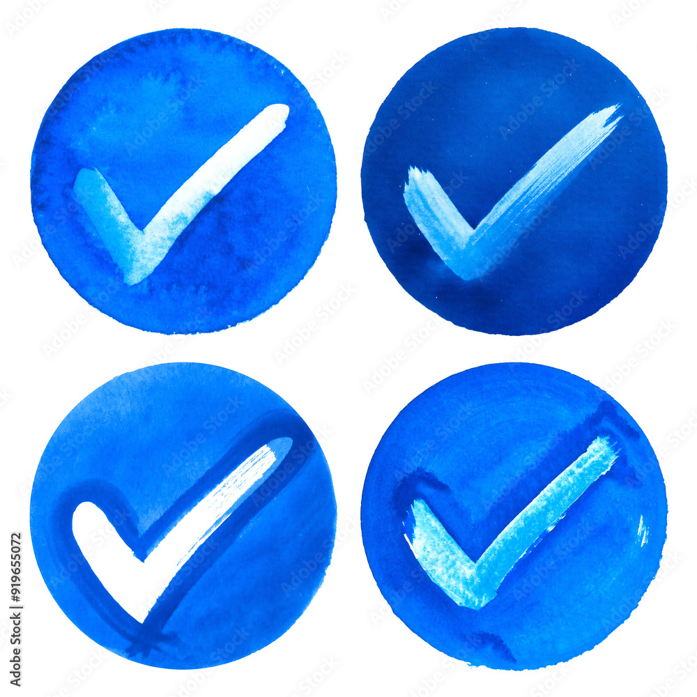 collection of hand painted blue circular watercolor with white check ...