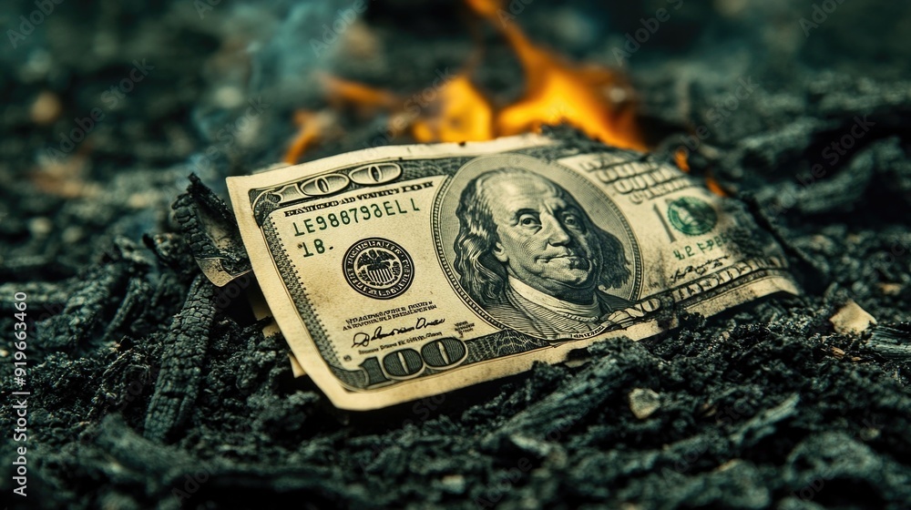 Money burns among ashes. A hundred-dollar bill is partially consumed by ...