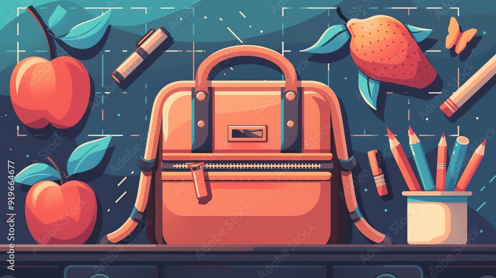 Pixel art style welcome mat with school supplies, centered ...