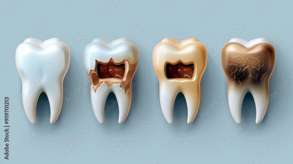Stages of tooth decay illustrated on four teeth showing progression ...