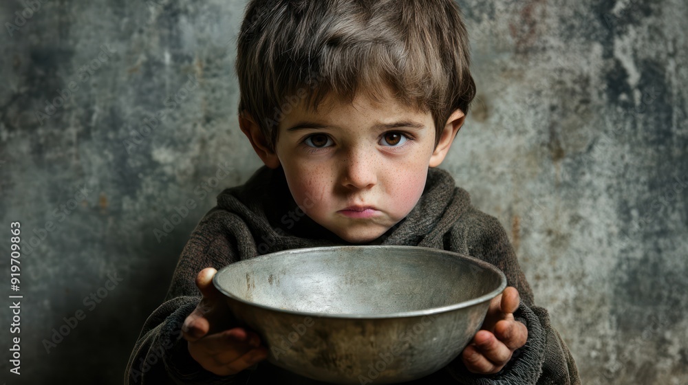 starving child holding an empty bowl Stock Photo | Adobe Stock