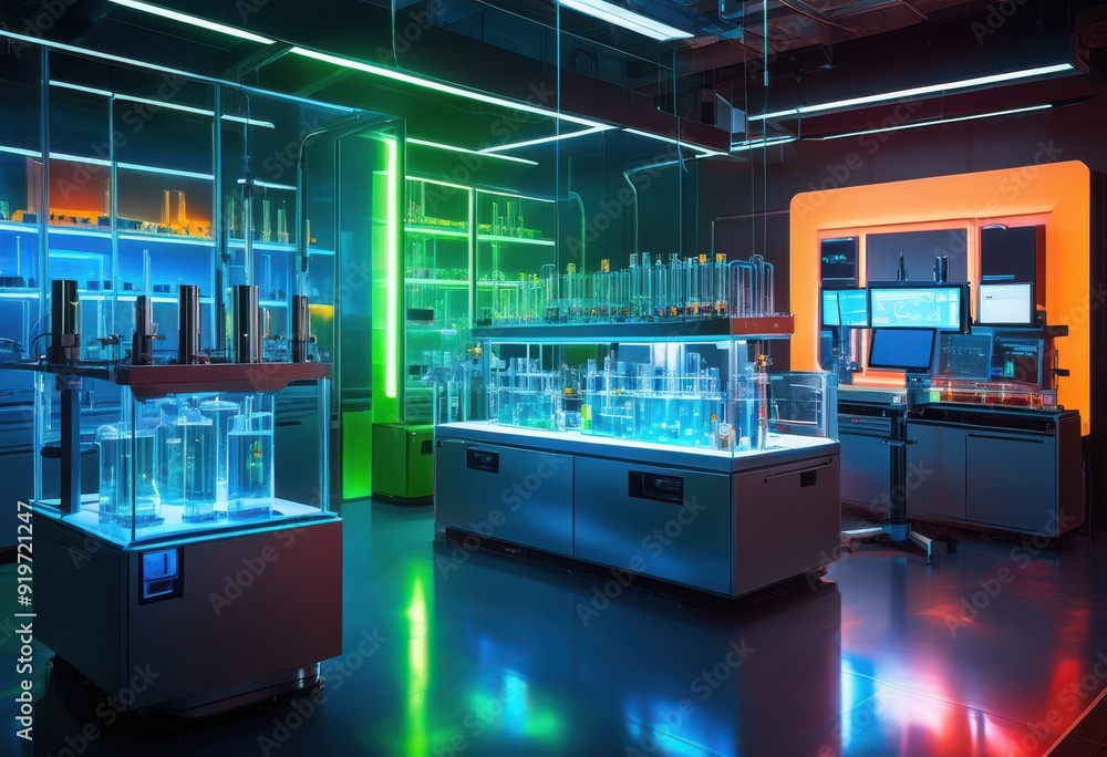 futuristic laboratory equipment showcasing vibrant chemical reactions ...