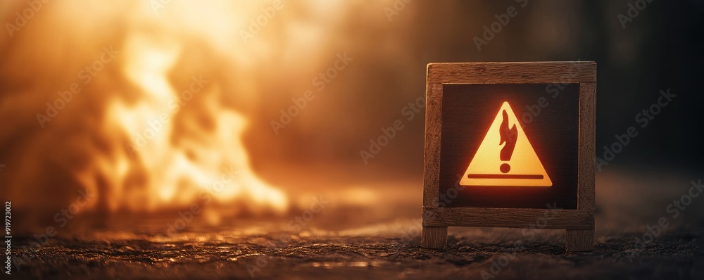 Warning sign indicating a fire hazard, illuminated by flames in the ...