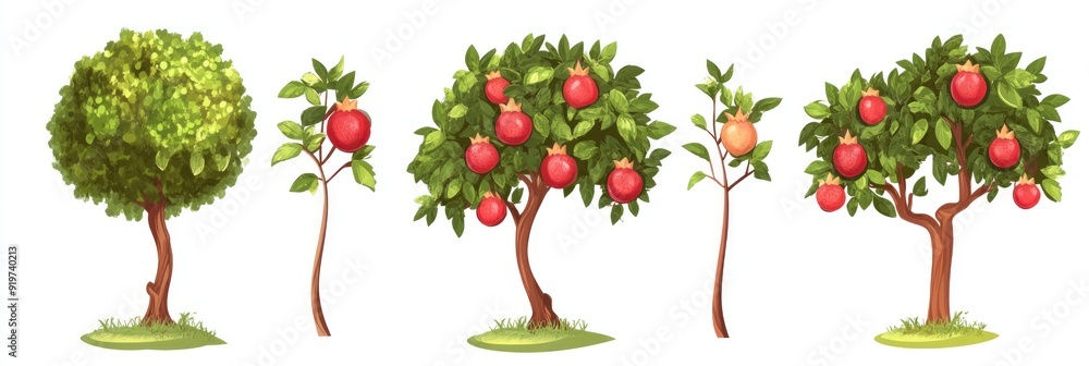 Five cartoon pomegranate trees on a white background. The trees are at ...