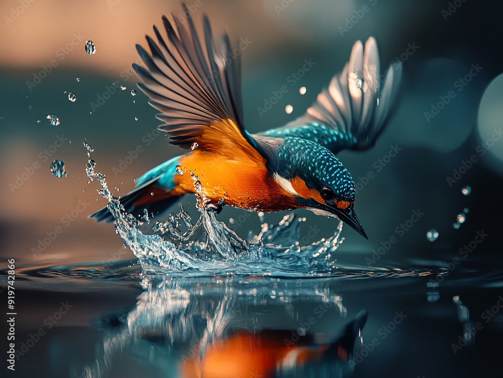 Create a hyper-realistic image of a vibrant, multi-colored bird diving ...