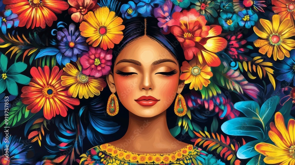 Women in colorful hats and traditional attire. The painting style is ...