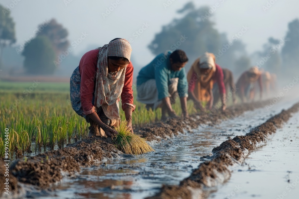 Indian farmers working on rice paddy field planting rice sprouts Stock ...