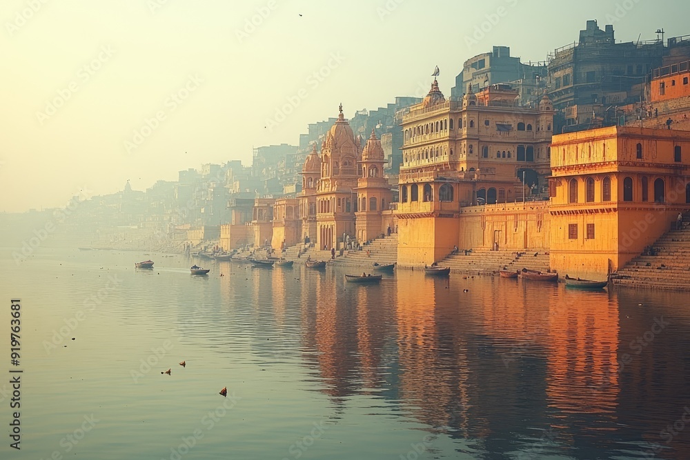 Ancient indian architecture reflecting on ganges river at sunrise in ...