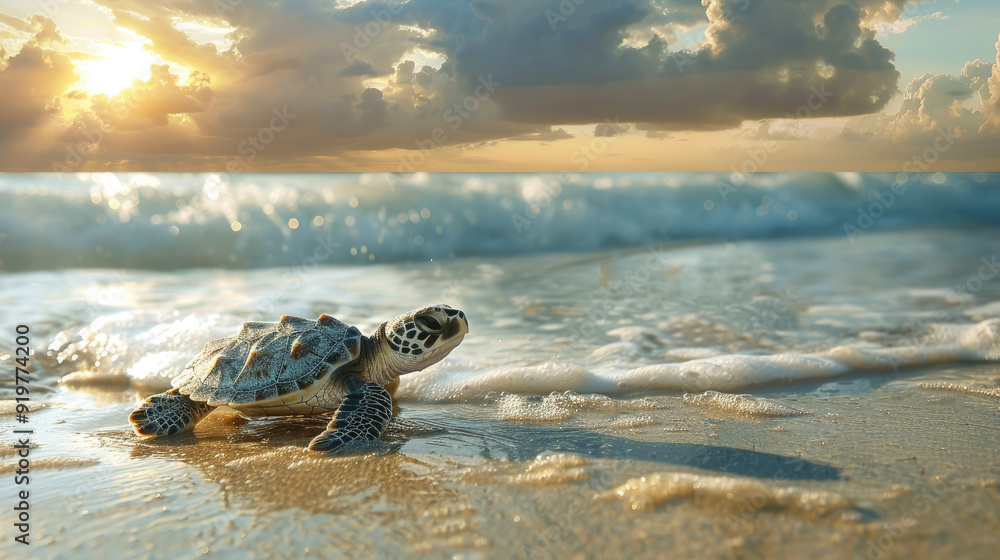 little sea turtle on the ocean shore, baby, animal, wildlife, waves ...