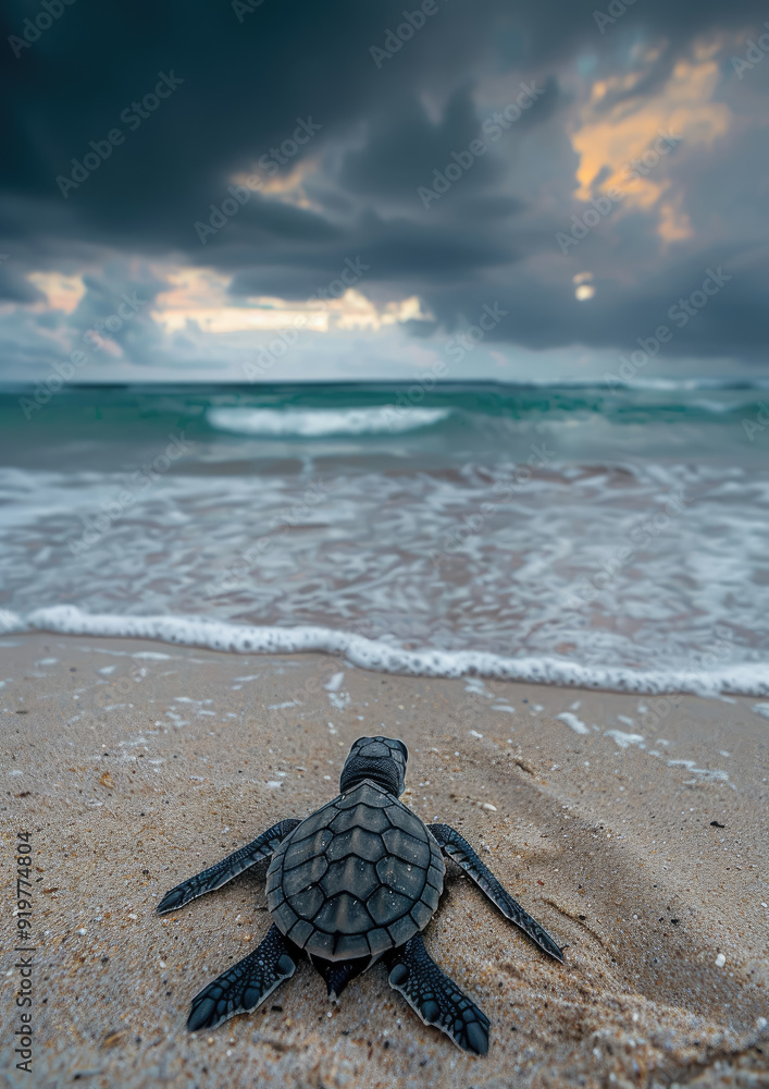 little sea turtle on the ocean shore, baby, animal, wildlife, waves ...