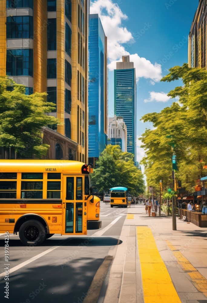 vibrant yellow school bus surrounded lively urban landscape featuring ...