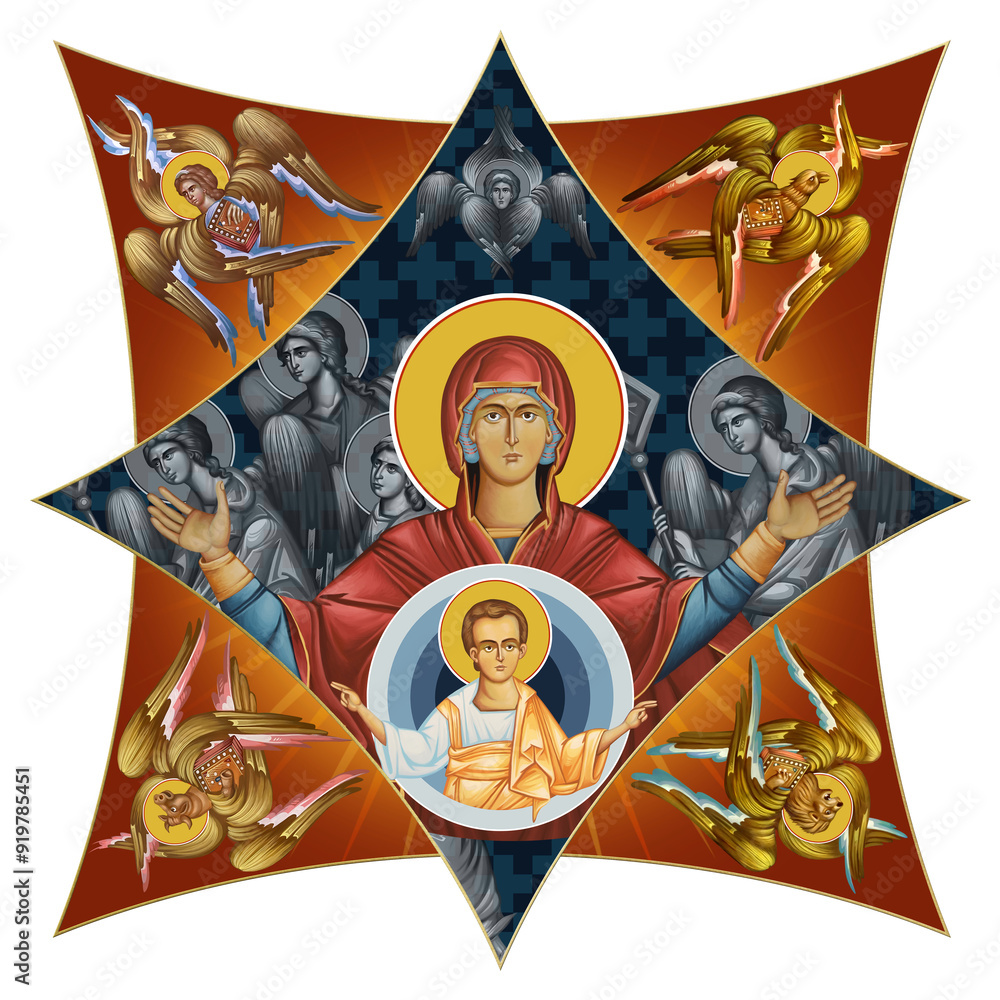 Blessed Virgin Mary on cross dome with 4 apostles, angels and seraphim ...
