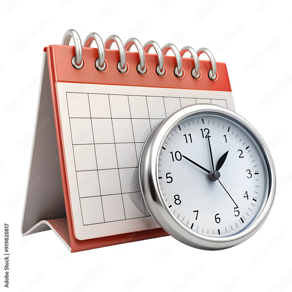 Desk calendar with clock highlighting time management concept, isolated ...