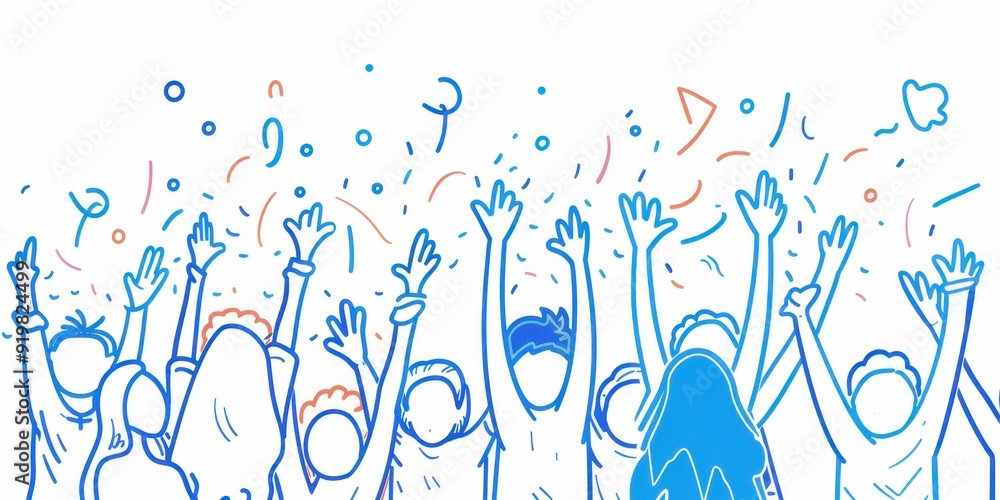 Blue line art vector drawing of people cheering and waving their hands ...