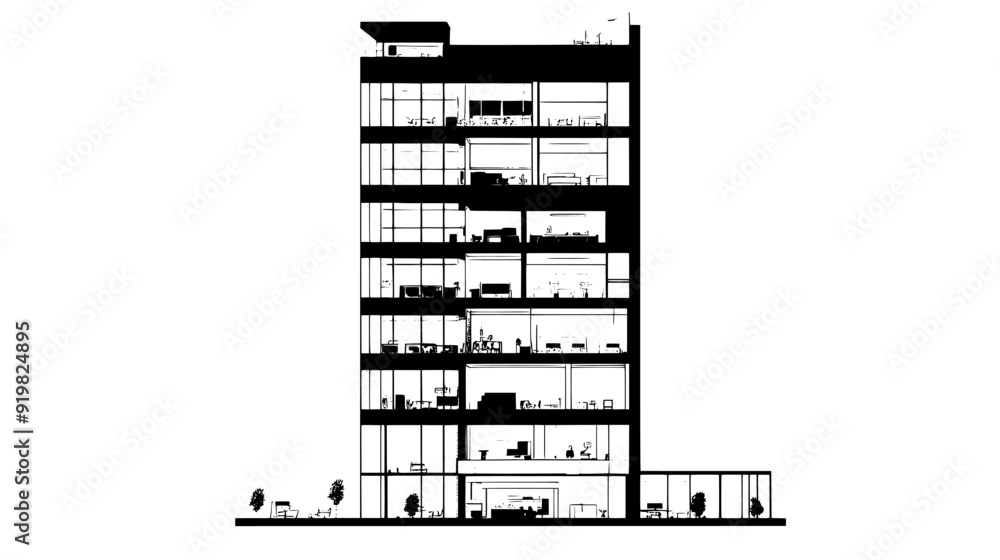 Cutaway of a modern skyscraper showing interior office spaces and ...
