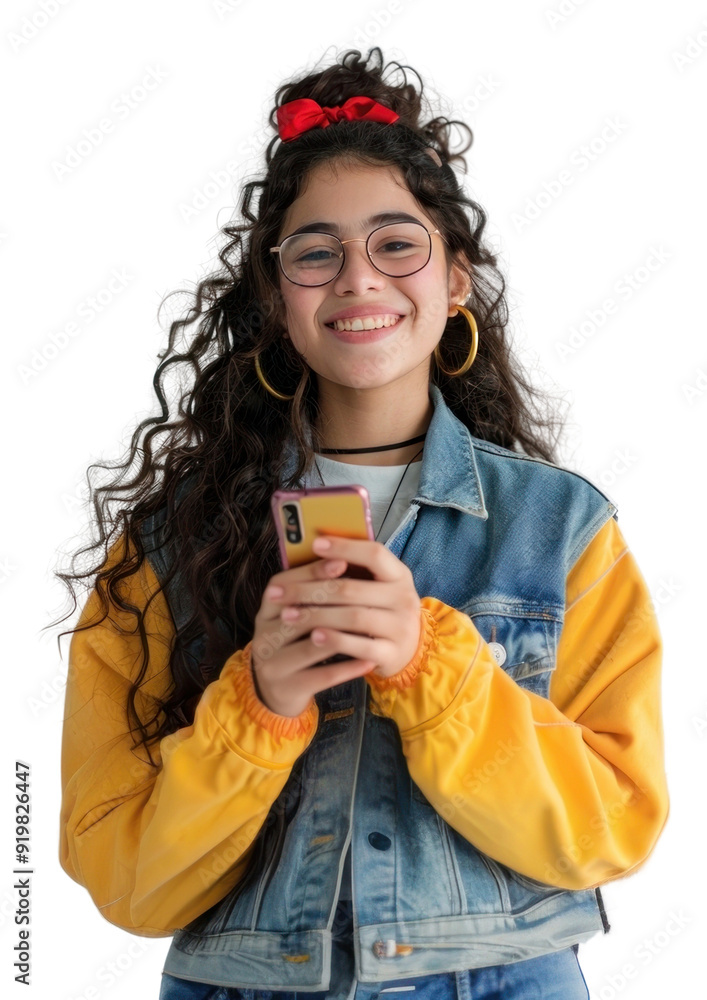PNG Smiling girl using smartphone Stock Photo | Adobe Stock