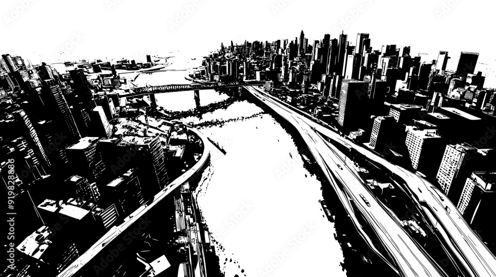 Overhead shot of a city, highlighting organized building layouts, a ...