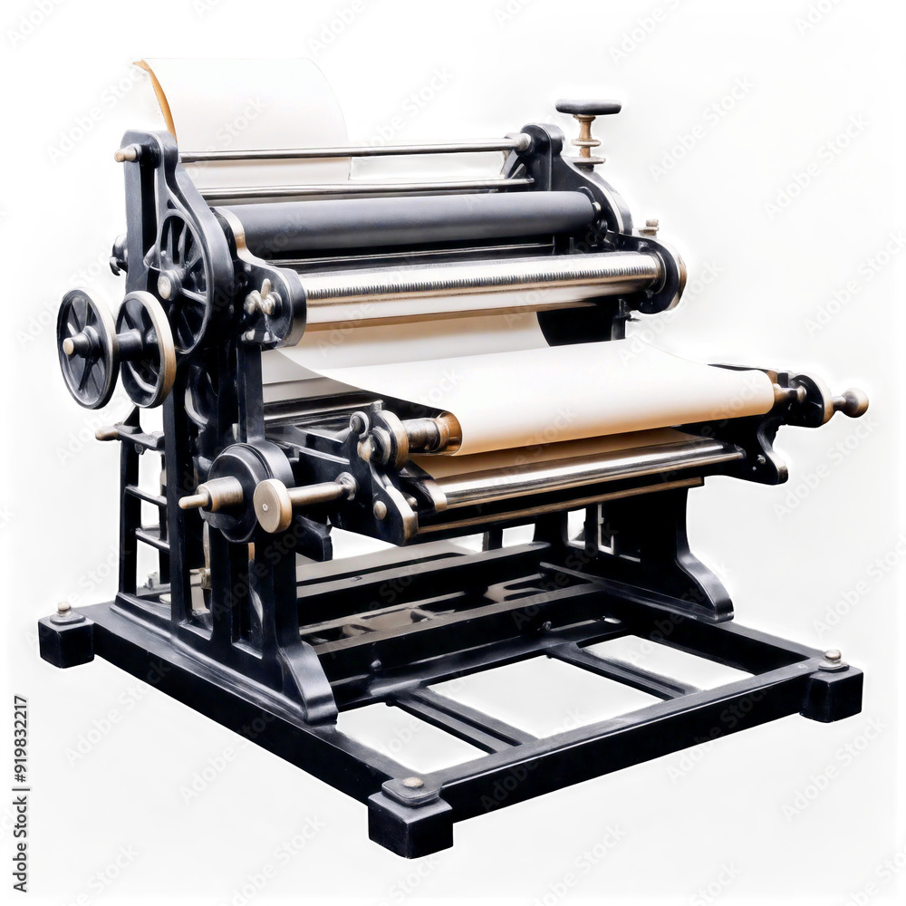 Large industrial printing press with black frame, four wheels, and ...