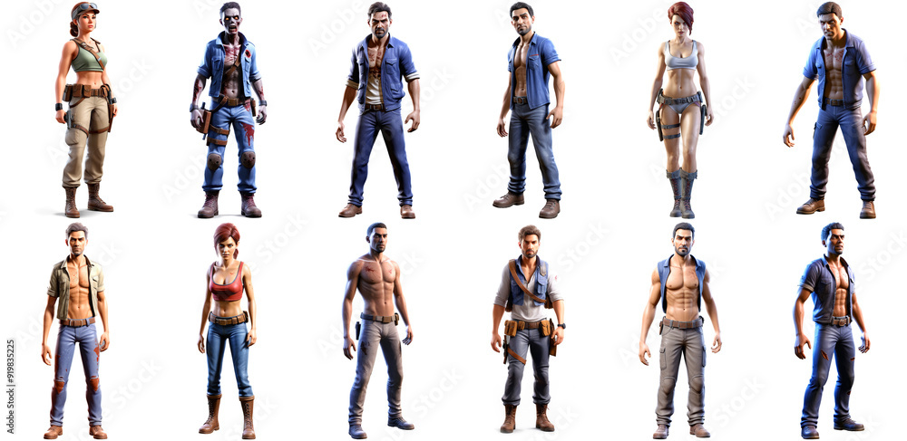 Full-body video game characters, apocalyptic survivors, avatars with ...