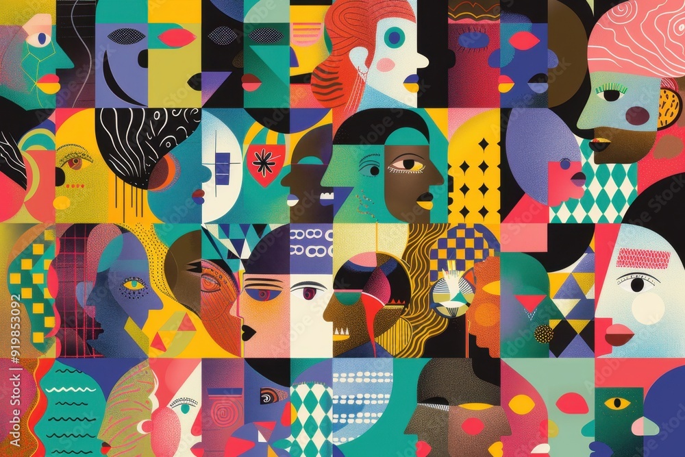 Abstract illustration of people, using simple shapes and colors in an ...