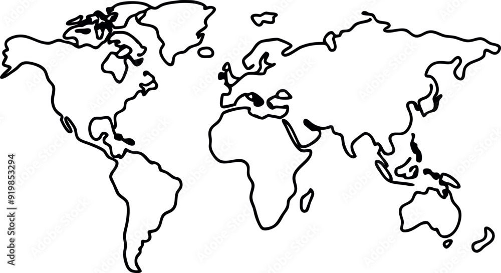 Simple Black and White Outline World Map Stock Vector | Adobe Stock