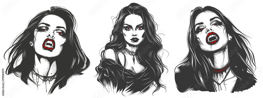 Female vampire portraits. Woman vampires tattoo sketches, lady teeth ...