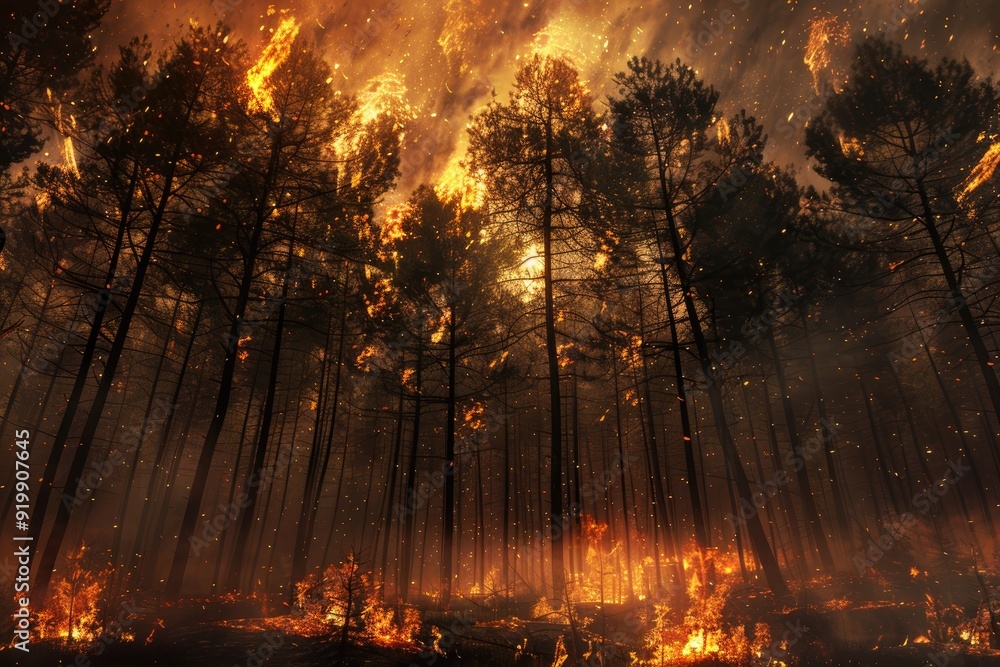 Intense forest fire engulfing trees, with flames and smoke creating a ...