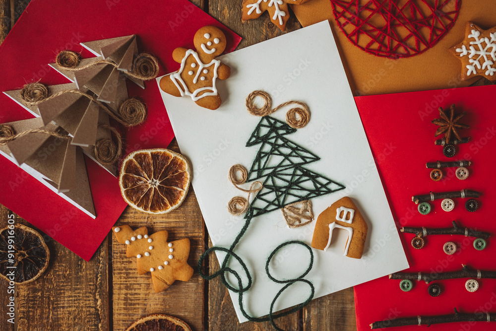 Concept of christmas holiday craft with new year fir tree embroidering ...