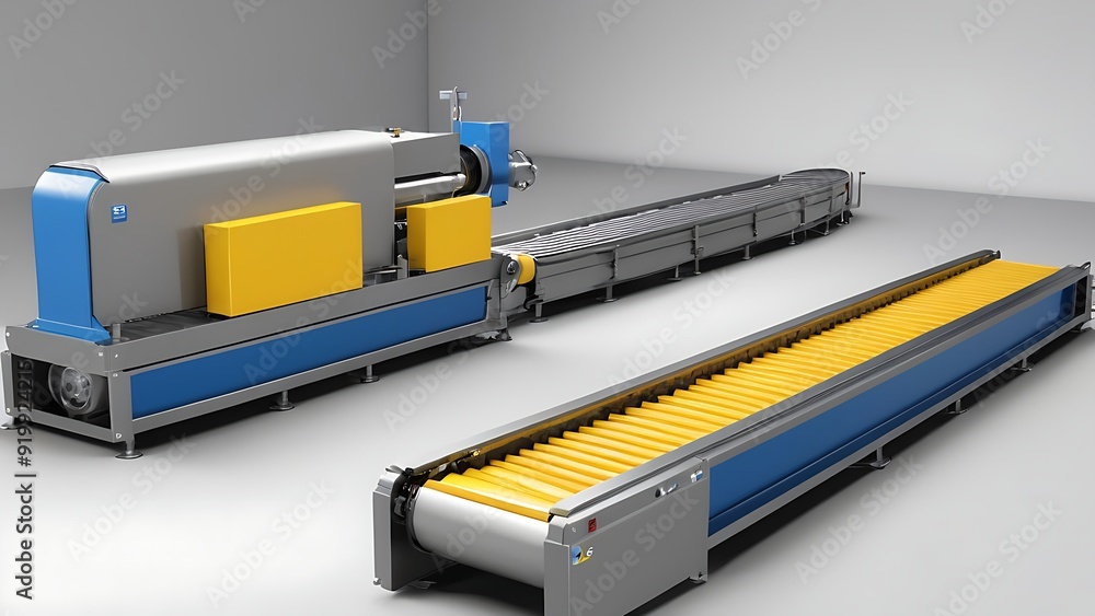 Conveyor belt system featuring orange belt and silver rollers. Suitable ...
