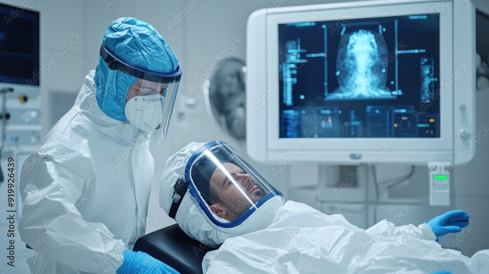 Generate a photo realistic image of workers undergoing radiation safety ...