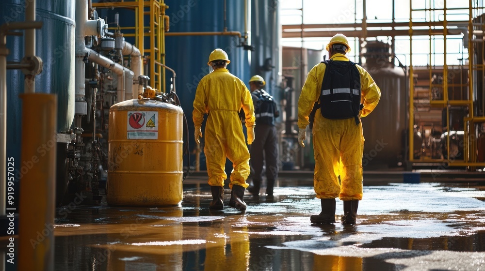 Generate a photo realistic image of workers training on chemical ...
