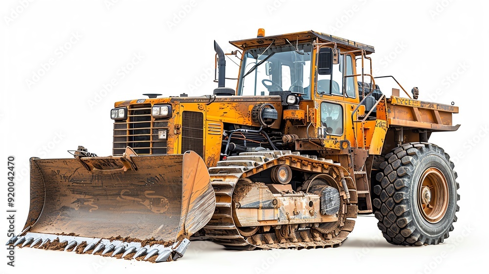 Motor grader with an extended moldboard, isolated on white, ideal for ...