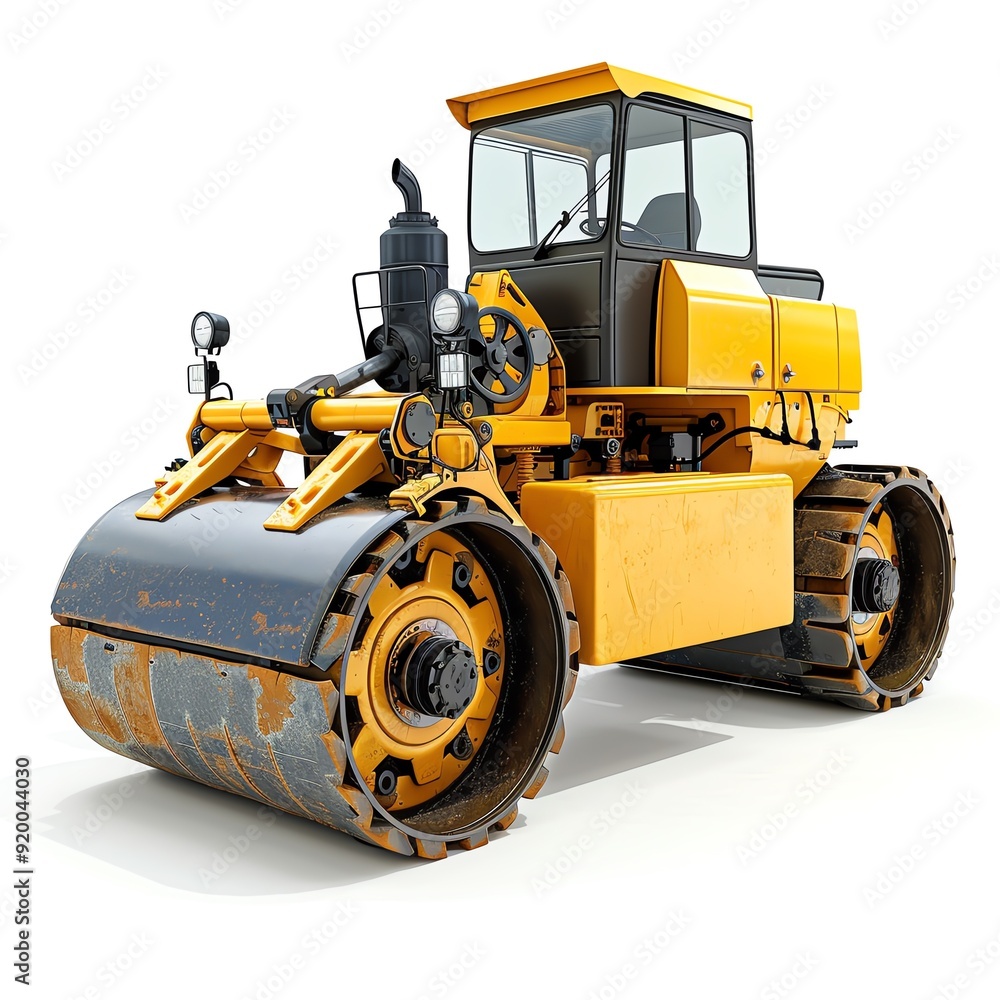 Tandem Roller Compactor With A Split Oscillating Drum Isolated On White Demonstrating Advanced