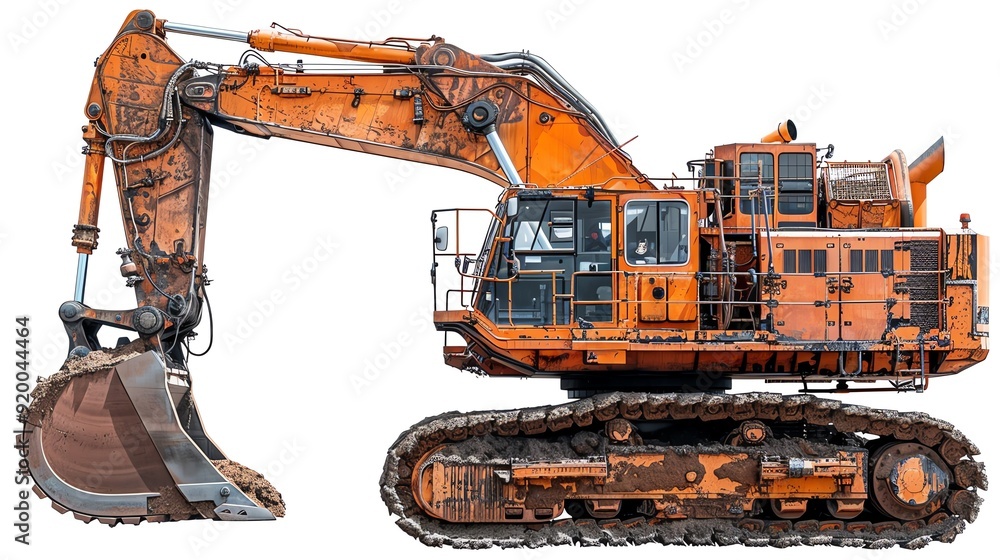 Wheel excavator with a raised blade, isolated on a white background ...