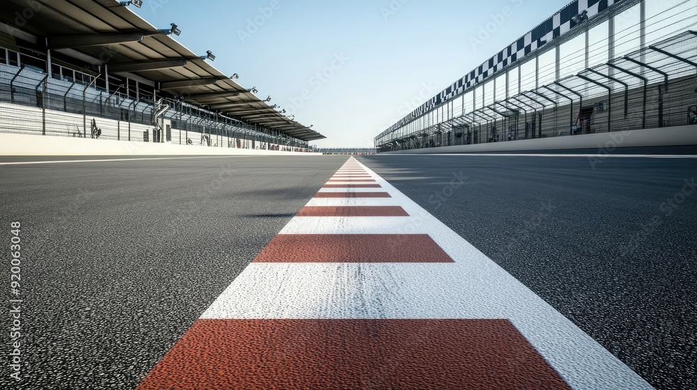 Finish line on an empty racetrack, with checkered markings and wide ...